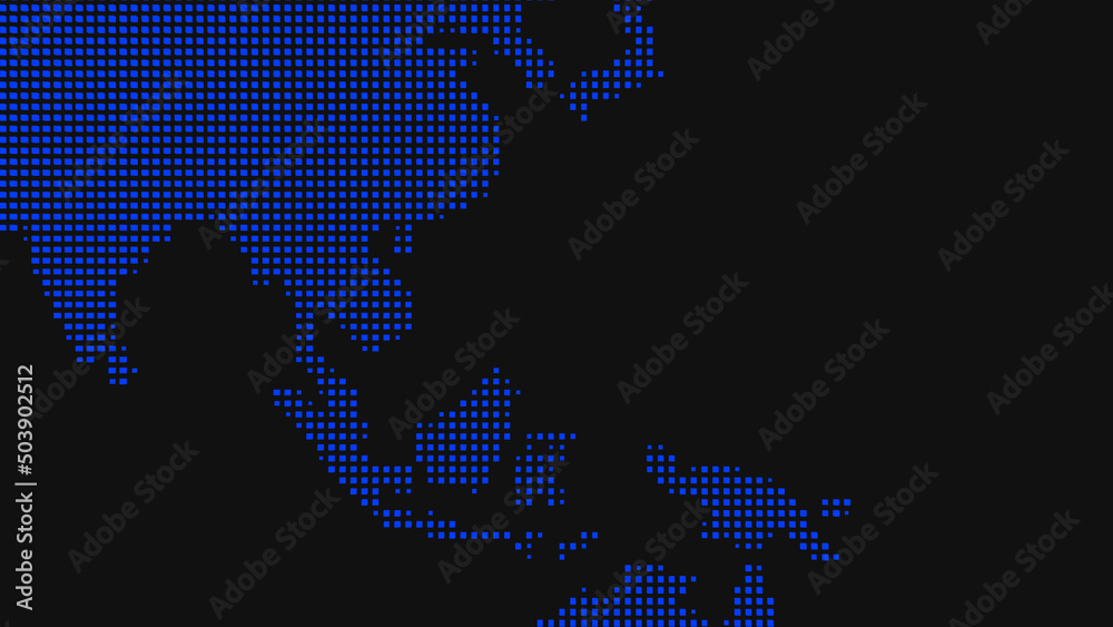 3d Pixel world Asia map on black background. Digital dots in the form ...