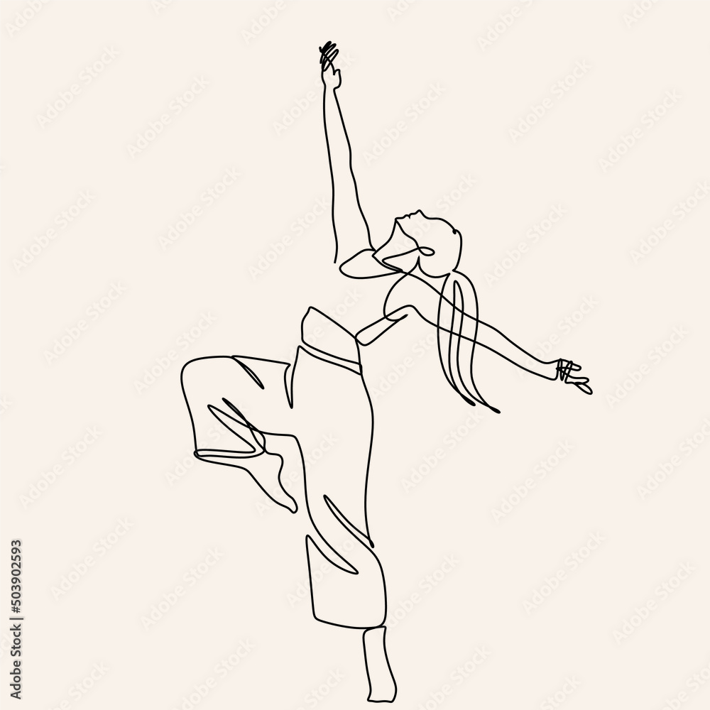 Continuous Drawing In One Line Happy Woman Stretching Vector