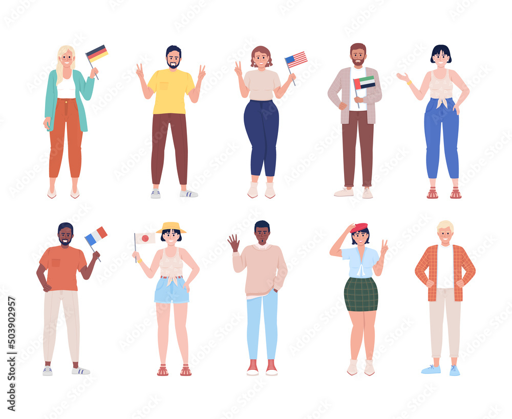 Multicultural society semi flat color vector character set. Standing ...
