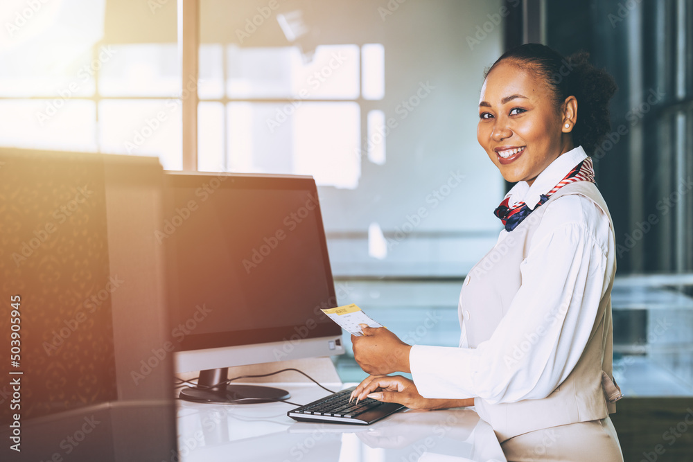 ground hostess airport reception at airline check in counter staff ...