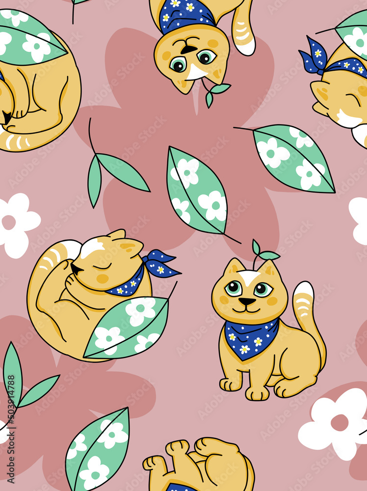 Digital pattern with funny letters, daisy chains and green leaves on a ...