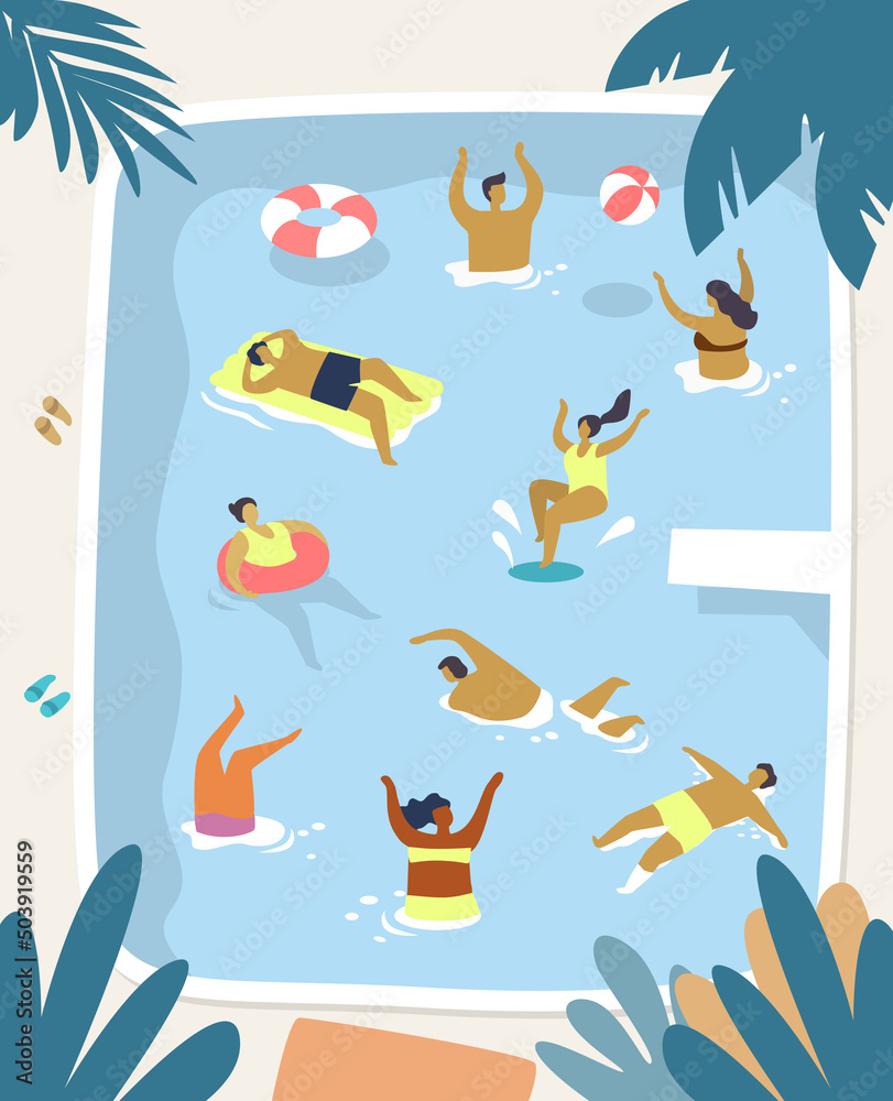 People in swimming pool vector. Men and women in swimsuits performing ...