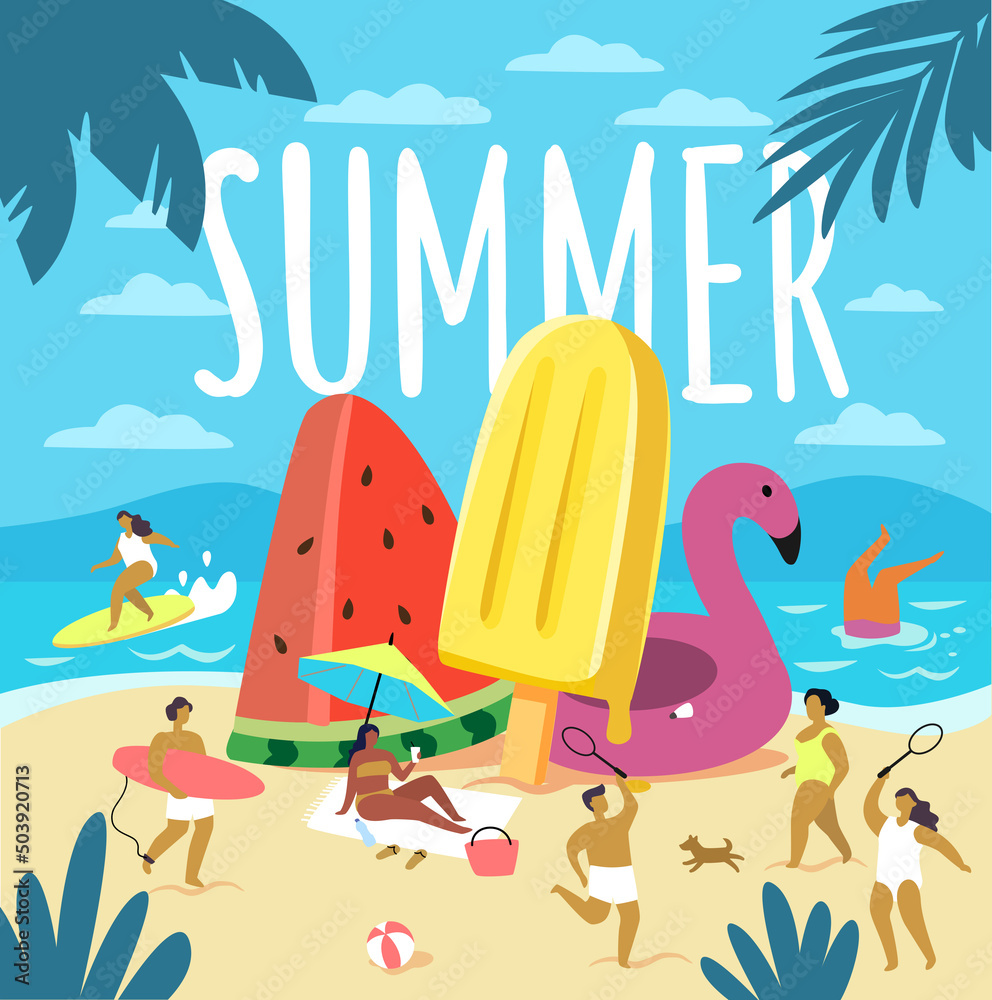 Summer beach people. Relaxing cartoon characters, sunbathing man and woman Stock Vector | Adobe ...