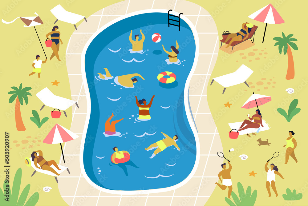 People in swimming pool vector. Men and women in swimsuits performing ...
