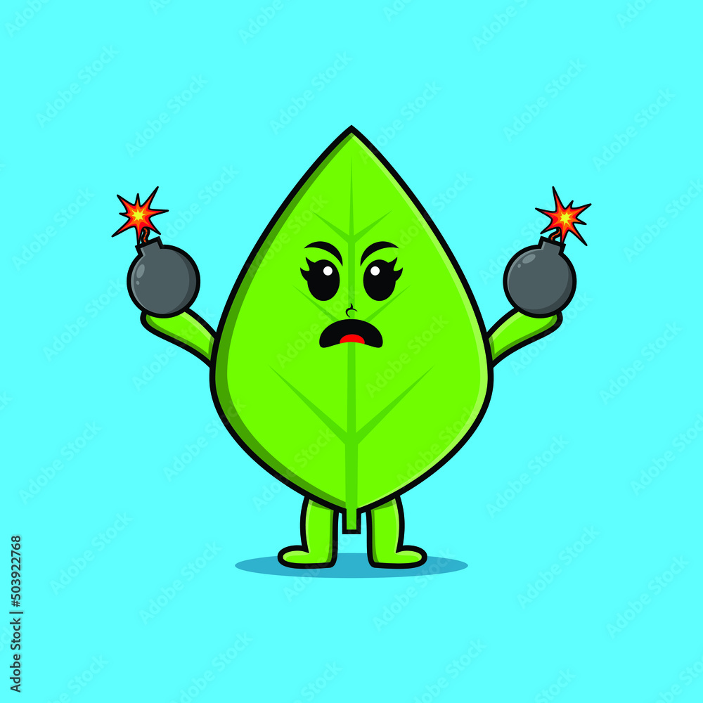 Cute cartoon green leaf holding bomb with scared expression in 3d ...