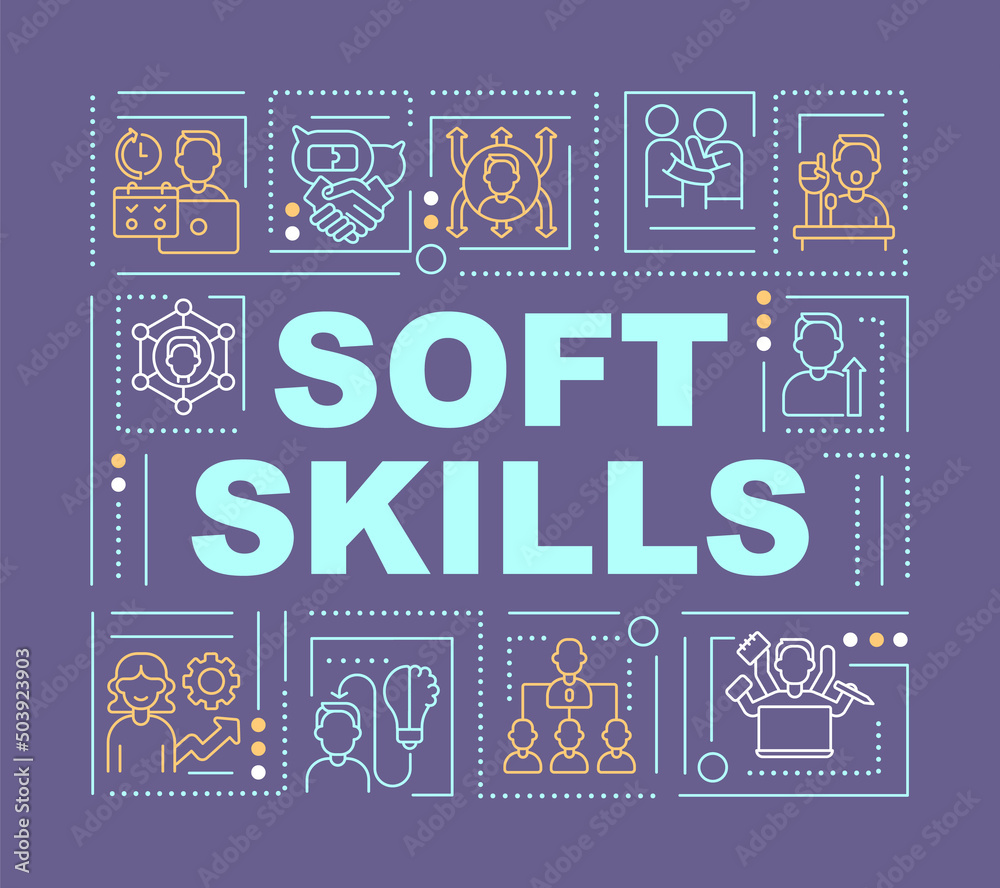 Essential soft skills word concepts dark purple banner. Solving ...