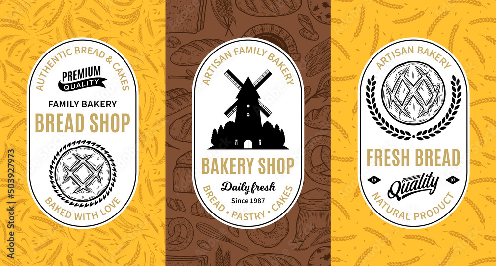 Bread labels, logo and packaging design templates for baked goods ...