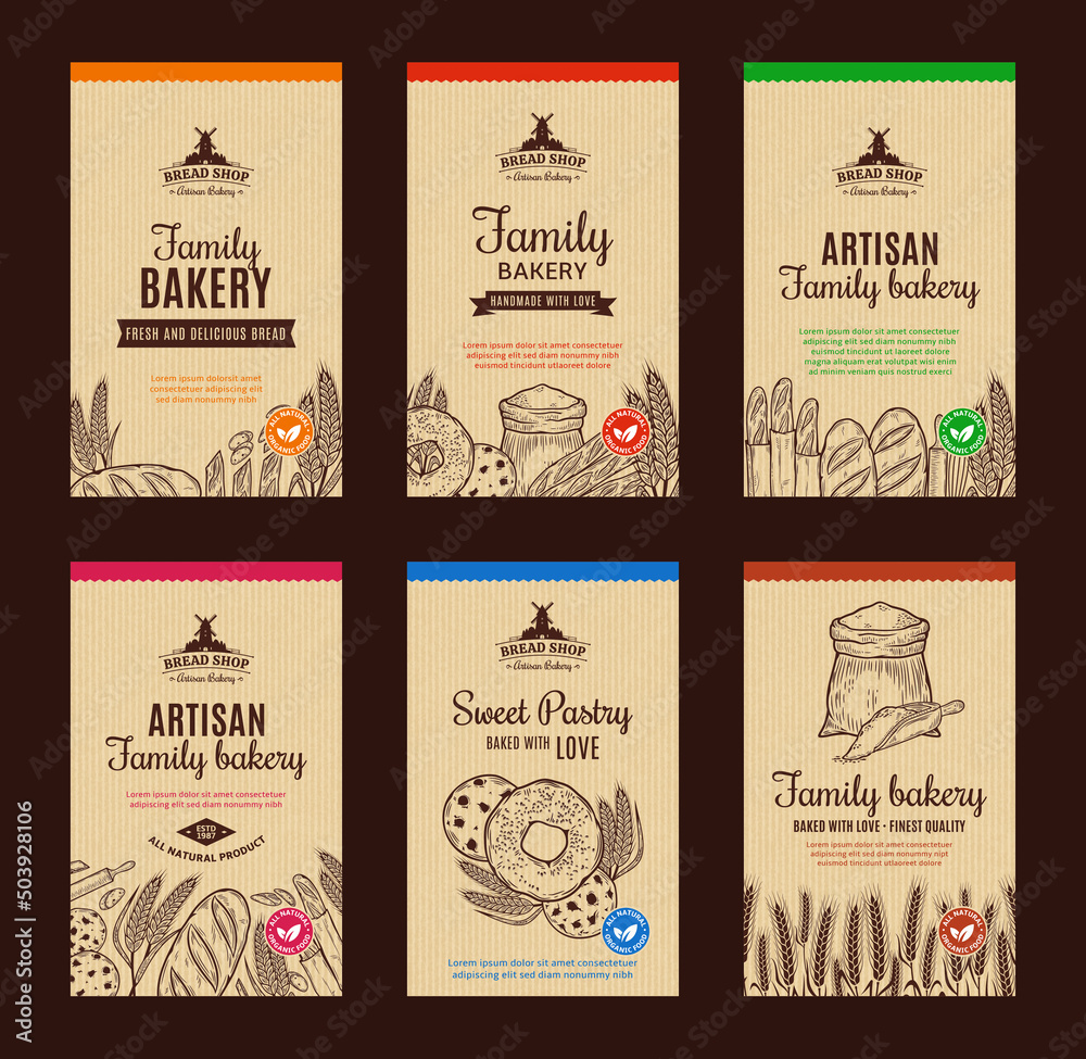 Bakery label templates, bakery backgrounds with baked goods, hand-drawn ...