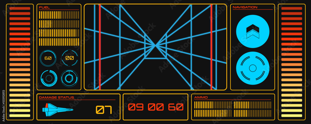Retro digital pilot interface from spaceship. 80s cockpit from scifi ...