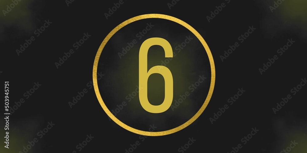 Number 6. Banner with the number six on a black background and gold ...