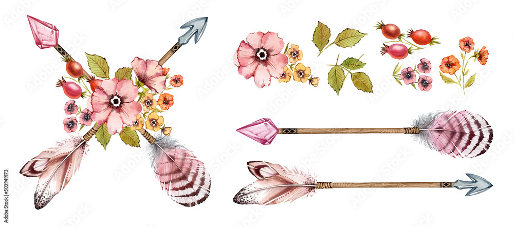 Watercolor crossed arrows and flowers set. Collection with tribal boho ...