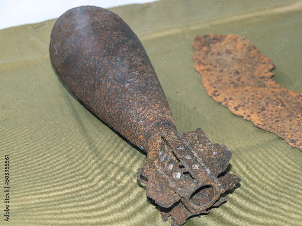 A rusty mortar shell from the Second World War. An artillery mine ...