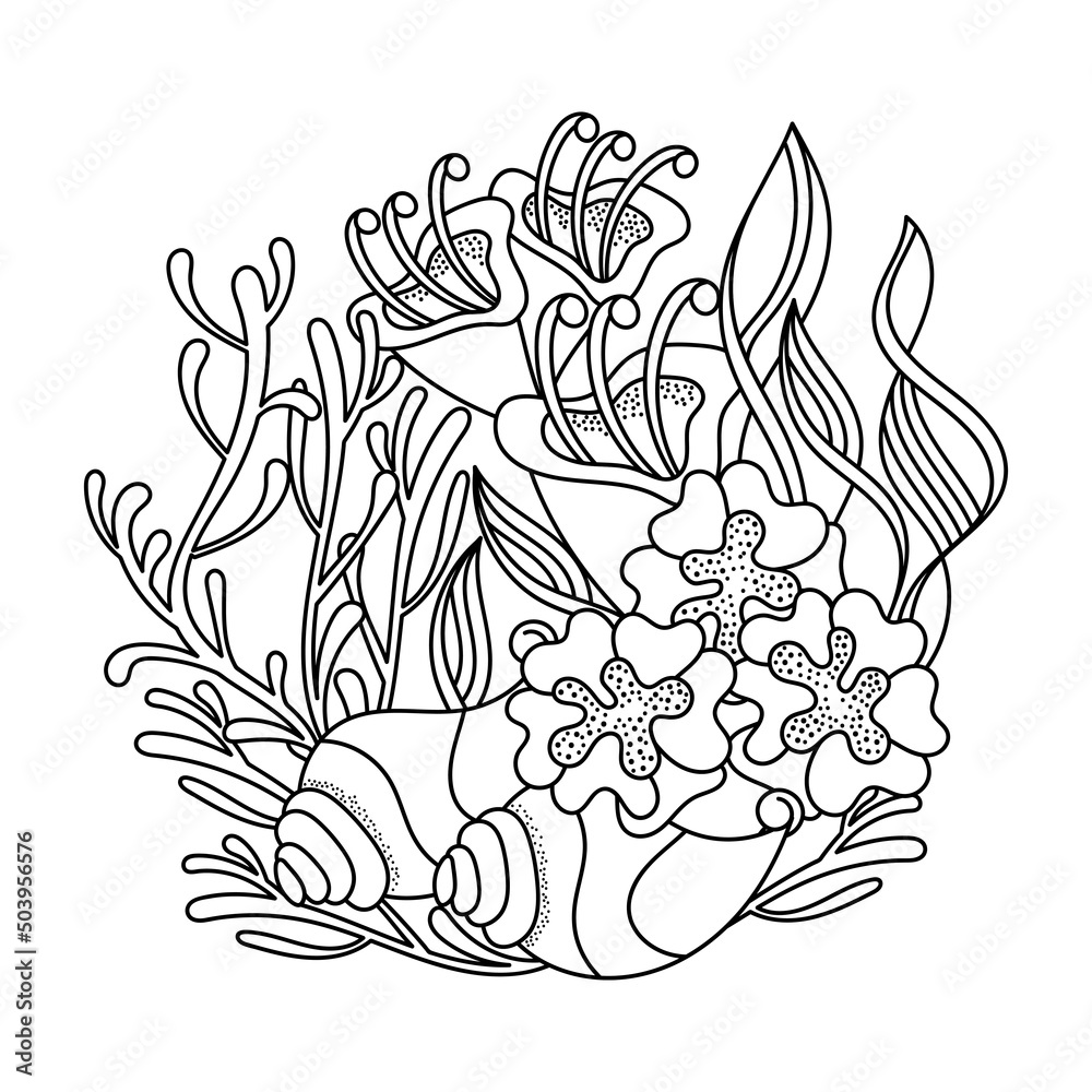 Cartoon Doodles Underwater Marine Coloring book page. Sea world, shell ...