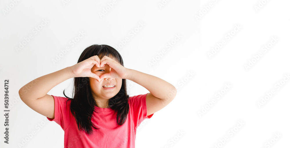 Healthy eyes and vision.Portrait happy asian kid child holding heart ...