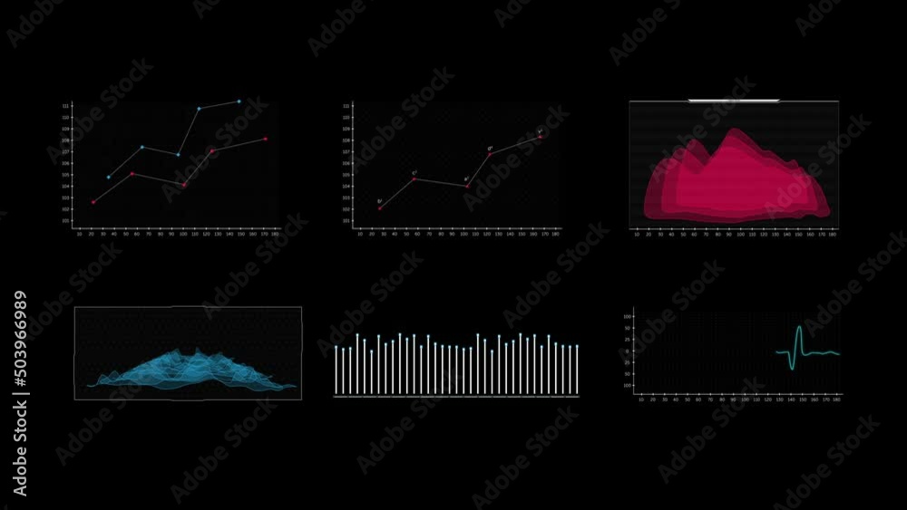Futuristic HUD panel components featuring various bar charts, line ...