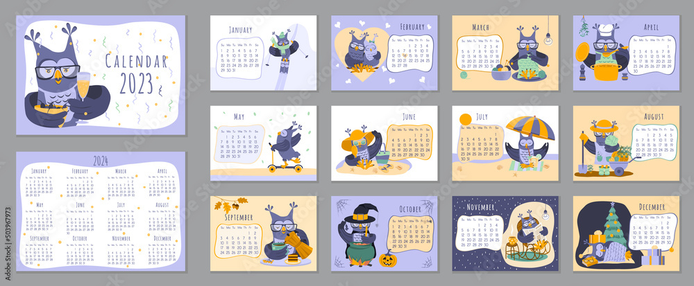 2023 calendar. Cover, set of 12 months pages and 2024 simple calendar ...