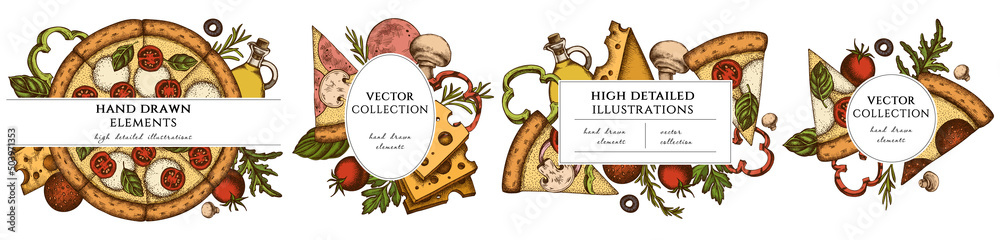 Pizza hand drawn frame templates. Vintage illustrations of greek ...