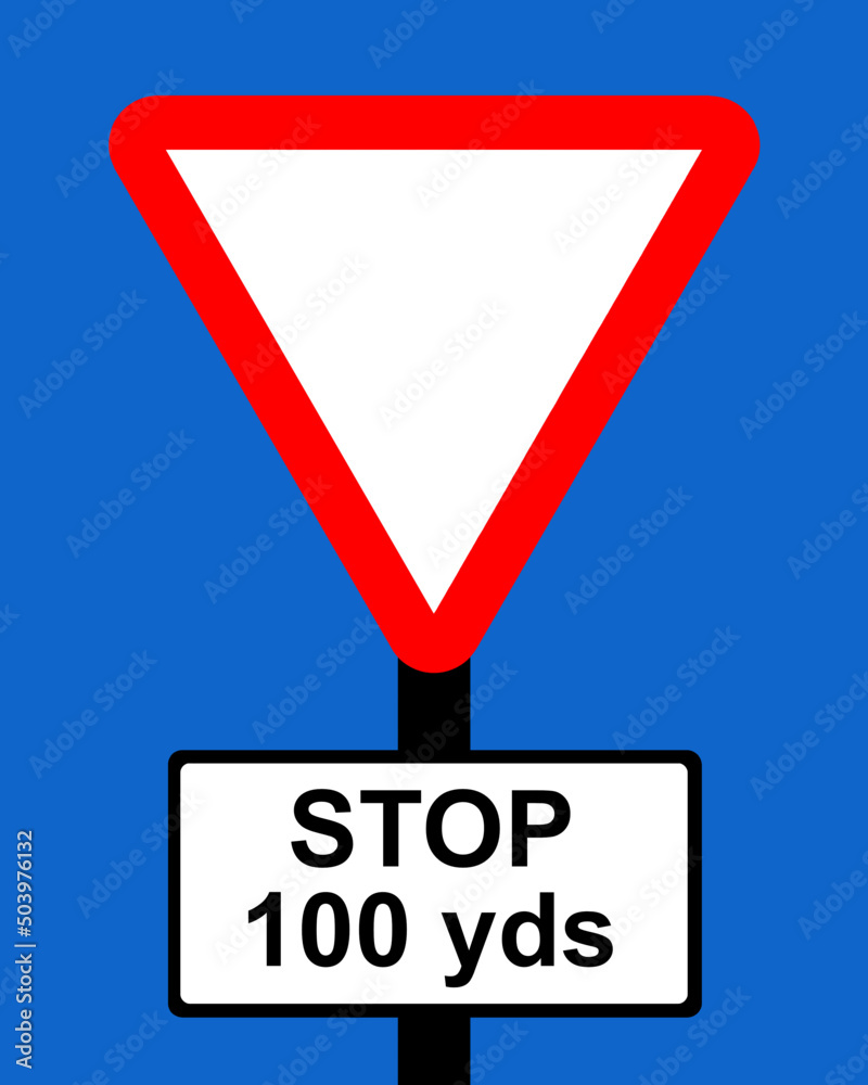Warning triangle Distance to STOP sign ahead on this road sign Stock ...