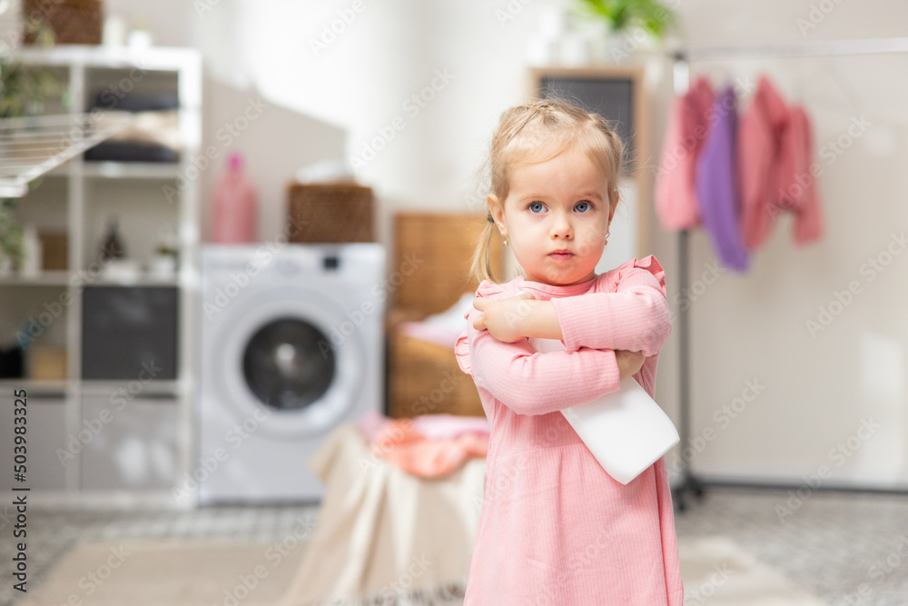 Indignant little girl rebels at mom puts on crossed arms offended face ...