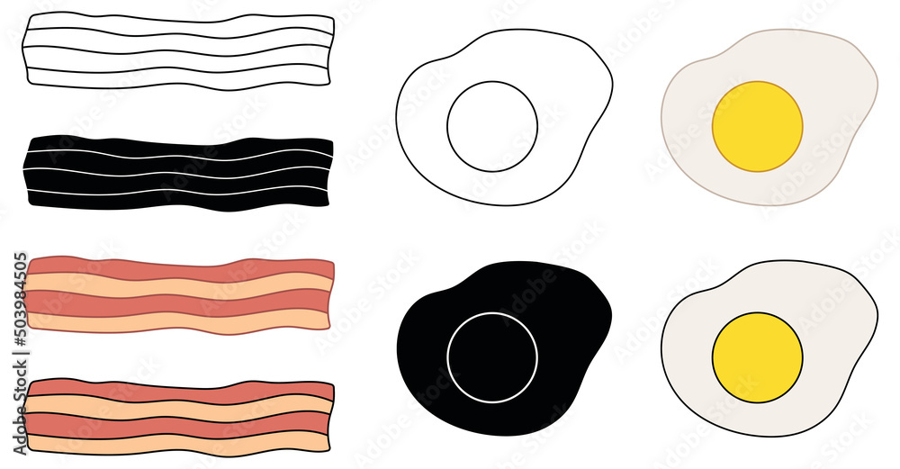 Bacon and Eggs Breakfast Clipart Set - Outline, Silhouette and Color ...