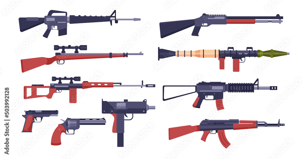 Different guns or machine pistols cartoon illustration set. Colorful ...