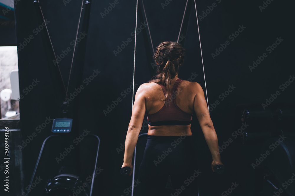 Back view of muscular female athlete lifting and exercising at gym ...