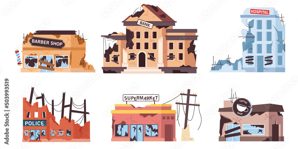 Destroyed city buildings cartoon illustration set. Ruined bank ...