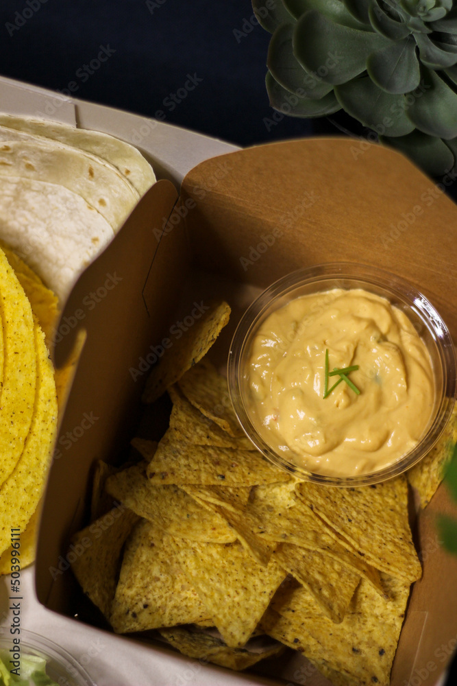 Mexican food box, tex mex, Taco, chili, tortilla, nachos chips, cheddar ...