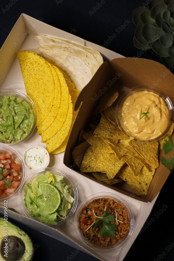 Mexican food box, tex mex, Taco, chili, tortilla, nachos chips, cheddar ...