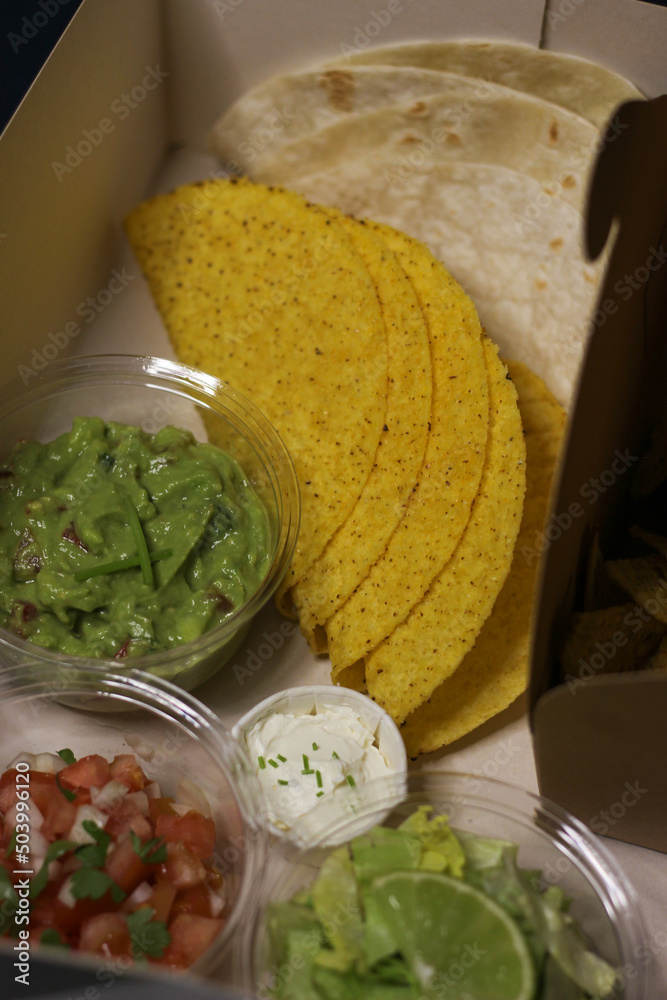 Mexican food box, tex mex, Taco, chili, tortilla, nachos chips, cheddar ...