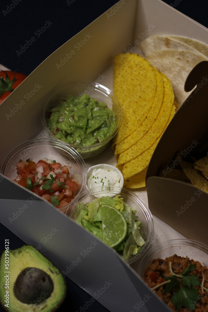 Mexican food box, tex mex, Taco, chili, tortilla, nachos chips, cheddar ...