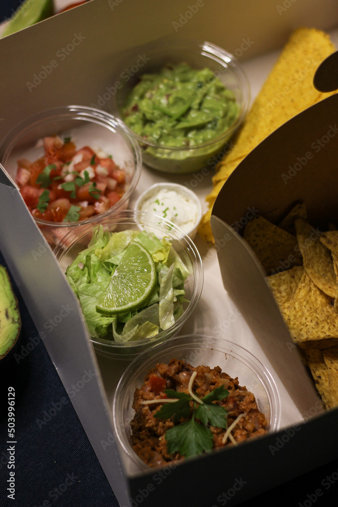 Mexican food box, tex mex, Taco, chili, tortilla, nachos chips, cheddar ...