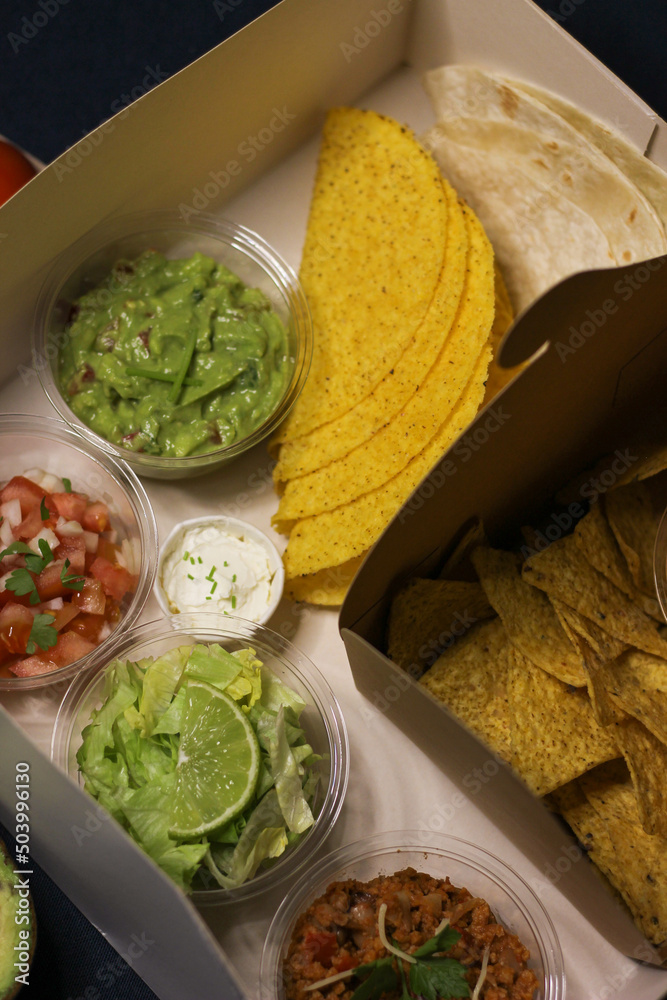 Mexican food box, tex mex, Taco, chili, tortilla, nachos chips, cheddar ...