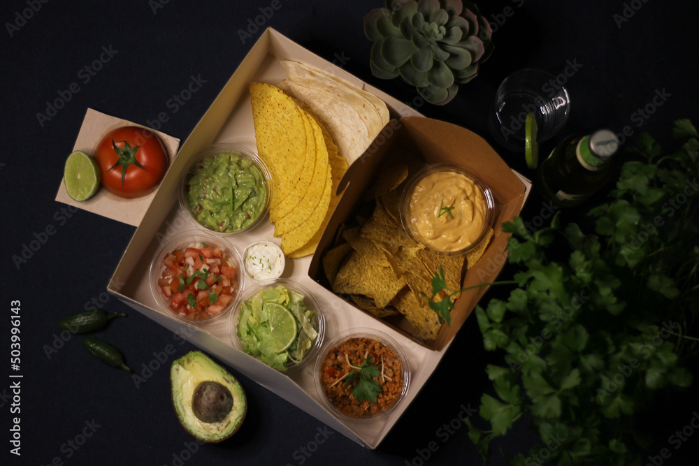 Mexican food box, tex mex, Taco, chili, tortilla, nachos chips, cheddar ...