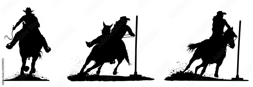Three (3) vector silhouettes of a rodeo cowgirl pole bending. Stock ...