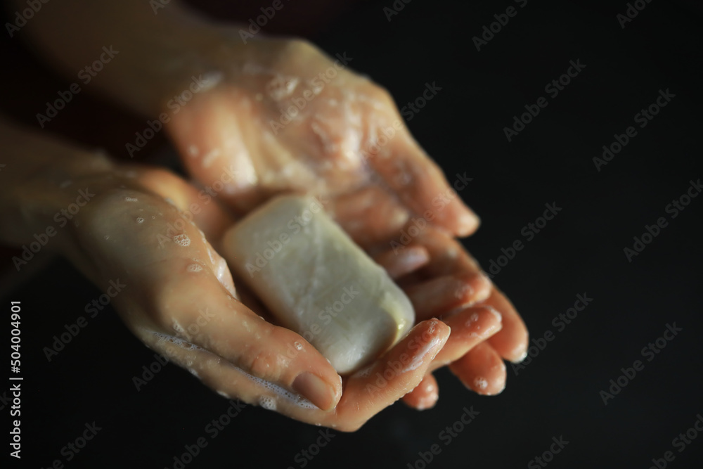 Bare hands in soapy foam. Hand hygiene. Wash your hands. Disinfection ...