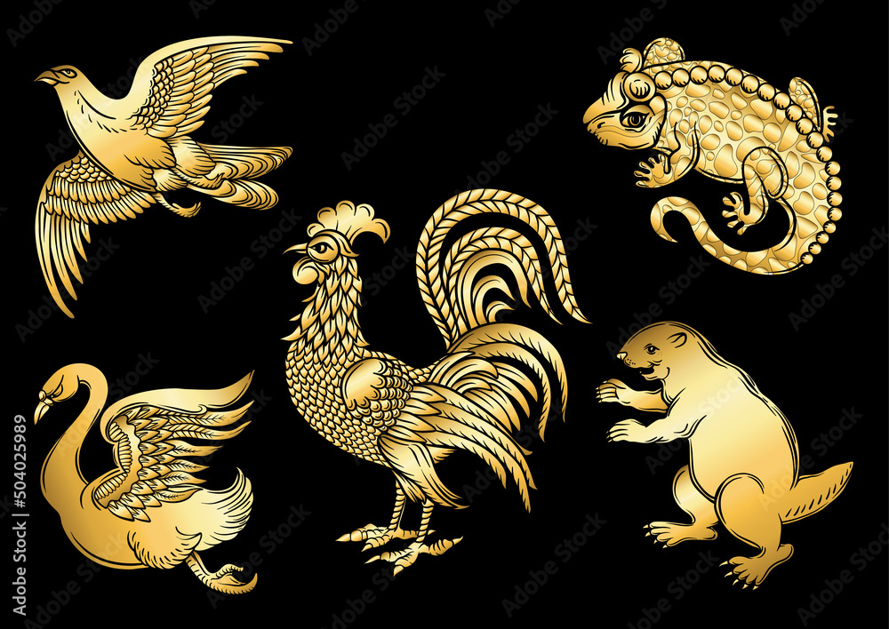 Symbolic heraldic animals and birds. Set off eagle, beaver, rooster ...