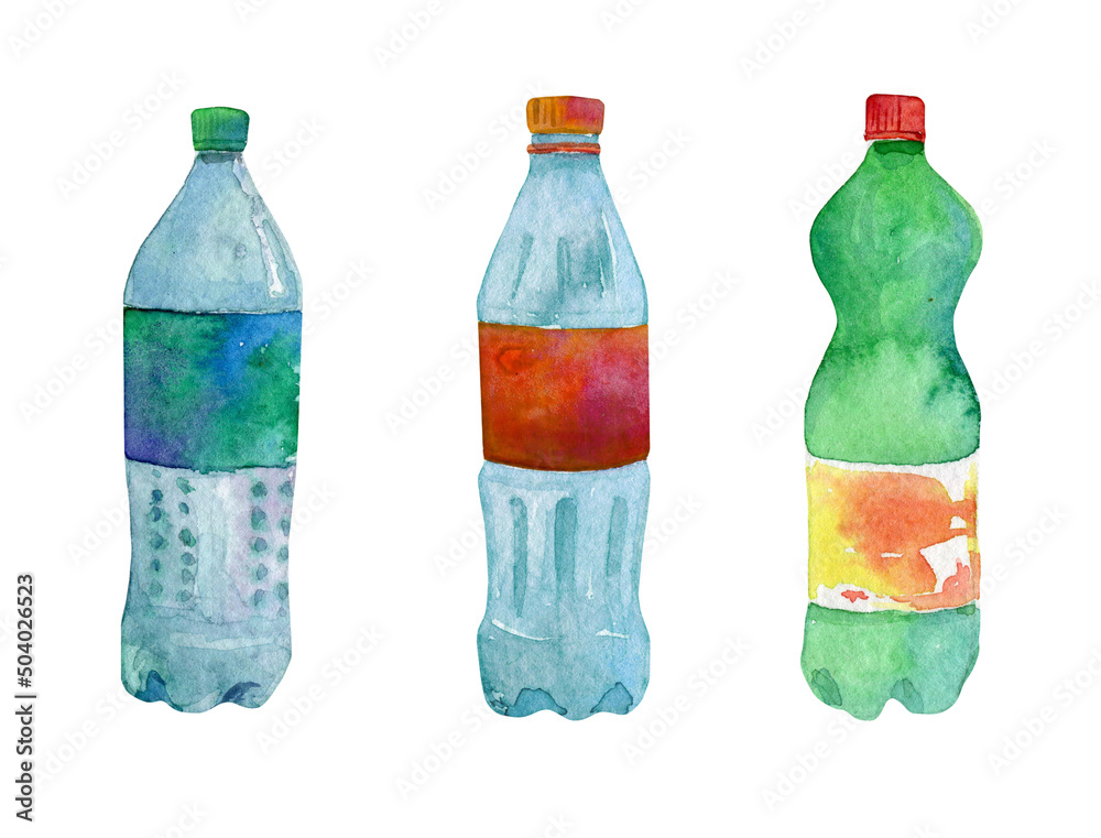 Watercolor set of color plastic bottle - human plastic waste. Нand ...