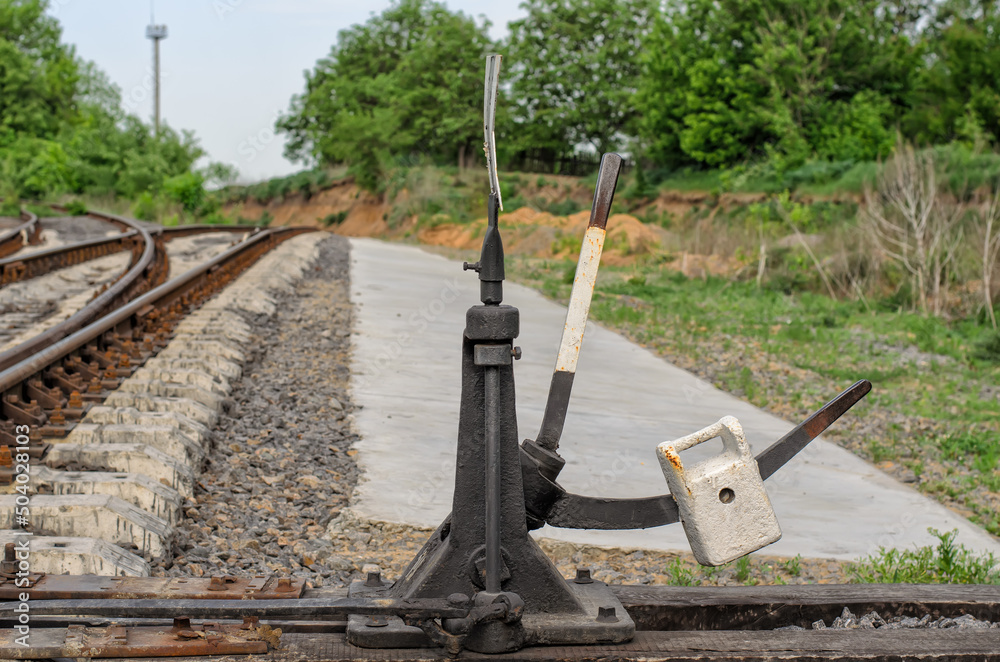 Old style railroad switch (turnout, set of points), mechanical ...