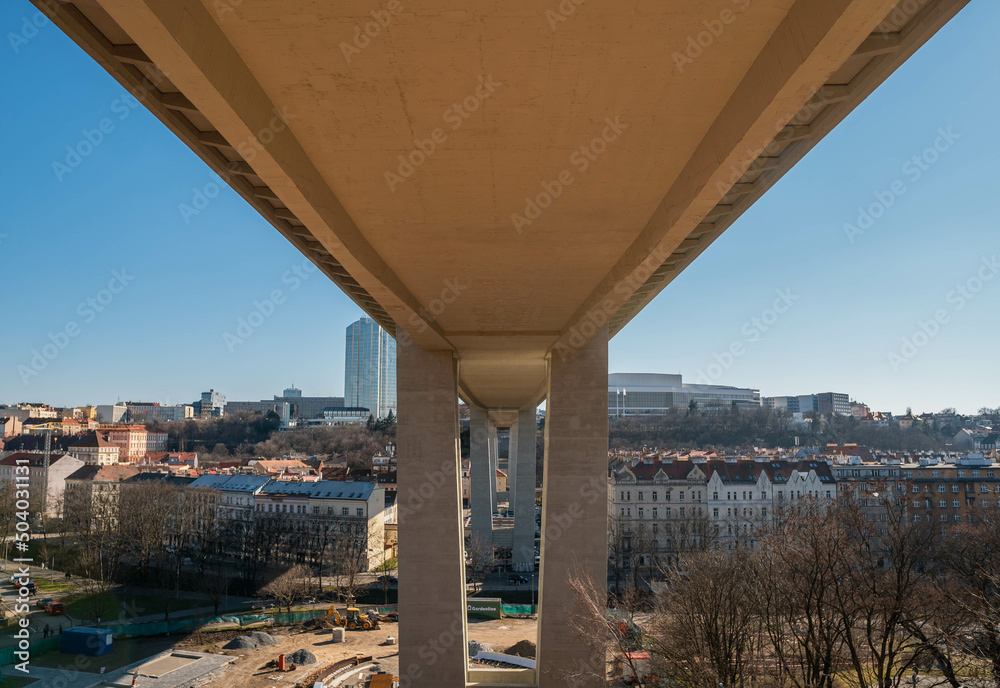 Nusle Bridge (Nuselsky most) prestressed concrete viaduct standing high ...
