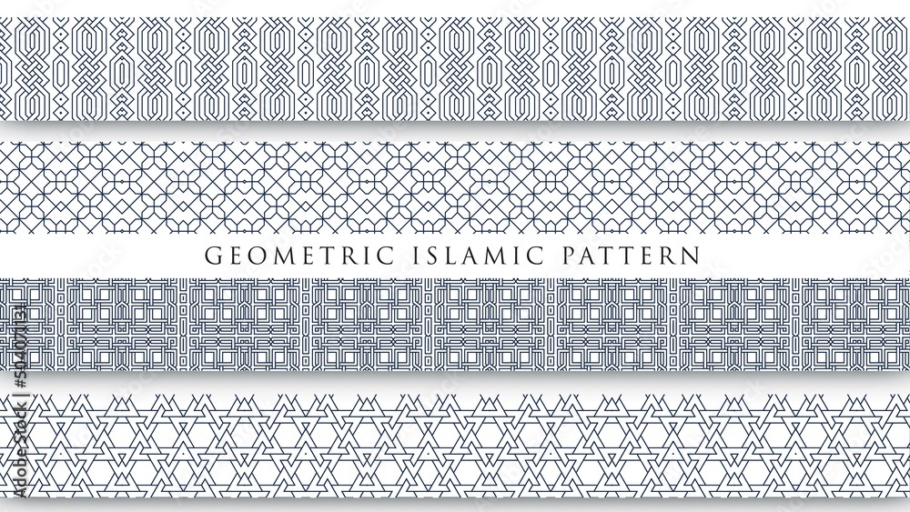 Set of 4 long horizontal seamless Islamic geometric pattern in dark ...