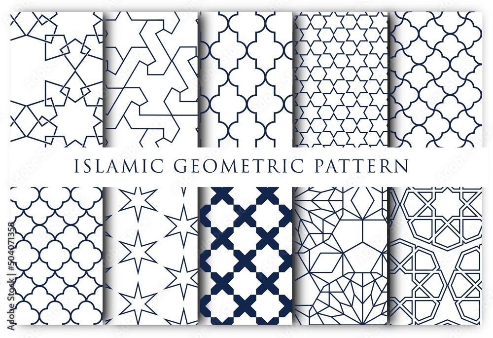 Set of 10 seamless Islamic geometric pattern in dark blue and white ...