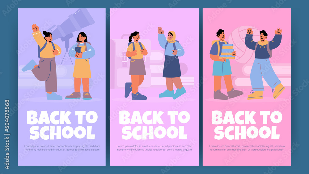 Back to school posters with young students greeting each other. Vector ...