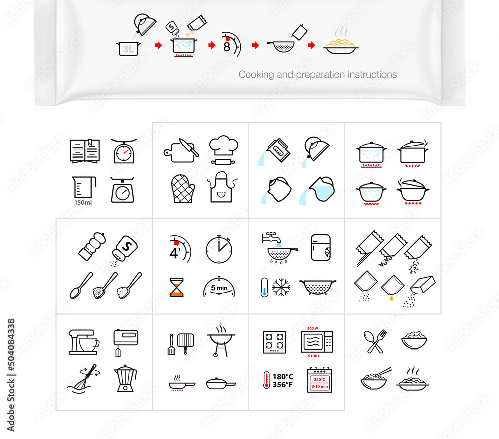Cooking and preparation instructions. Set of sign for detailed ...