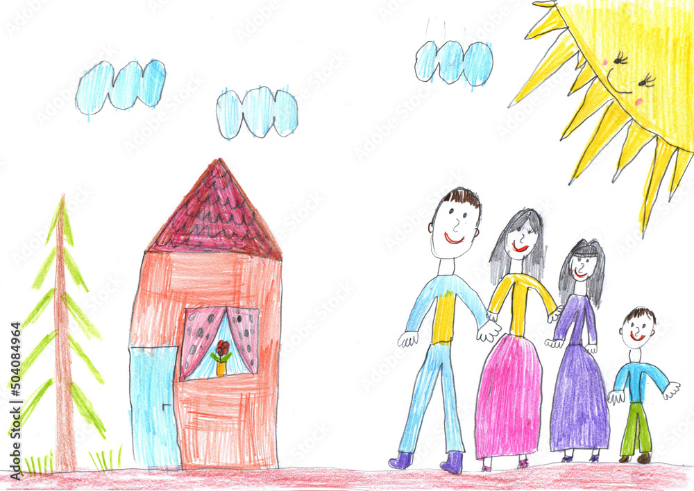 Child drawing of a happy family. Pencil art in childish style Stock ...