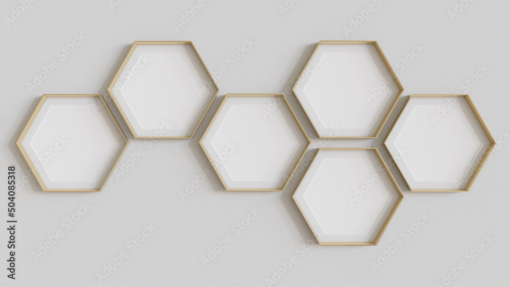 Gold hexagon blank photo frames mockup hanging on interior wall ...