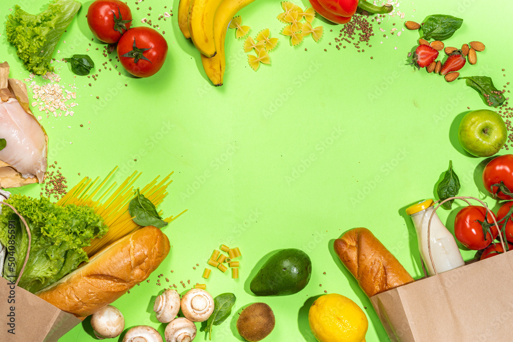 Fresh vegetables, meat, bread fruits in paper grocery bag. Delivery ...