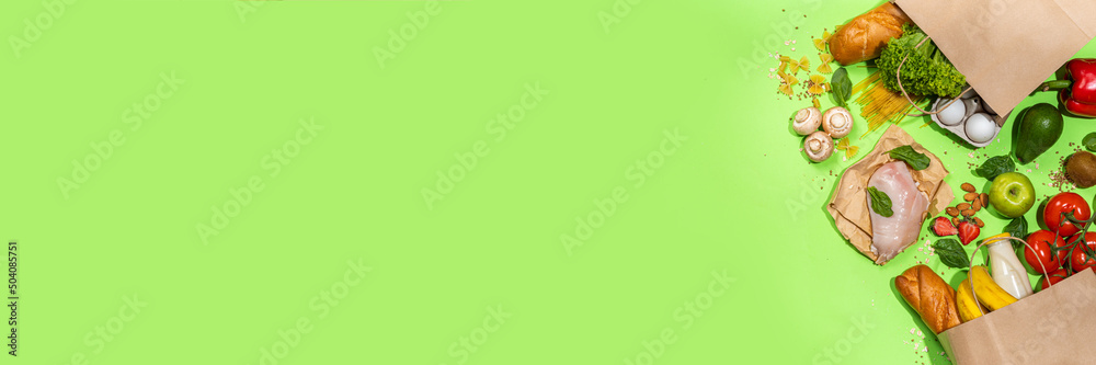 Fresh vegetables, meat, bread fruits in paper grocery bag. Delivery ...