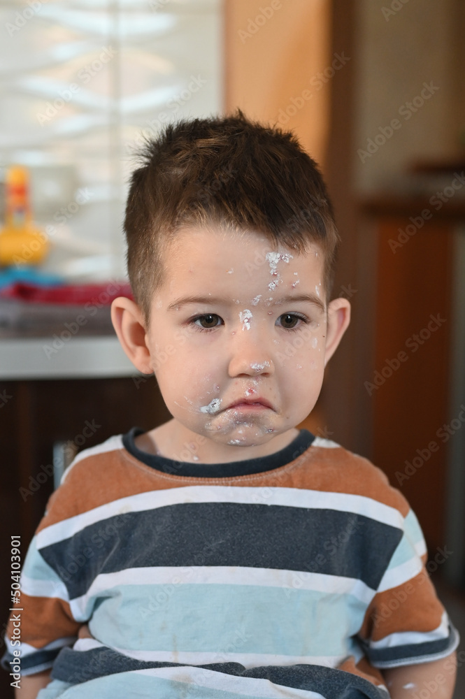Young boy with varicella zoster virus. Closeup of cute sad boy with ...
