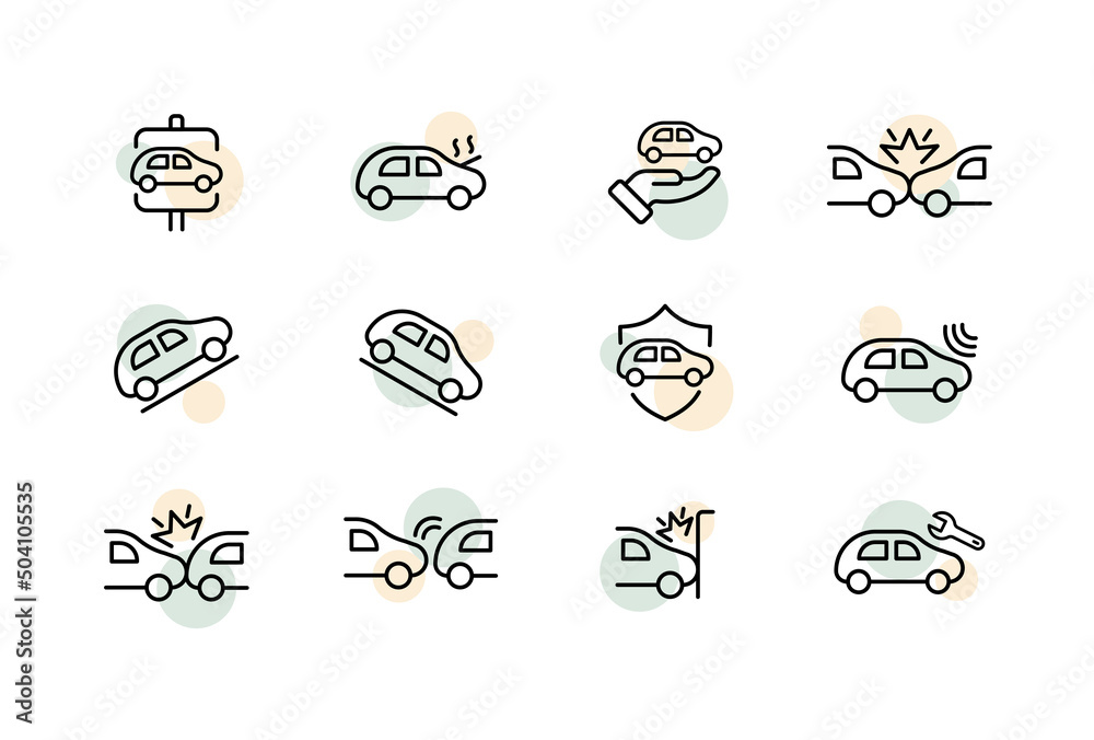 Automobile set icon. Road signs, accident, hill, handbrake, accident ...
